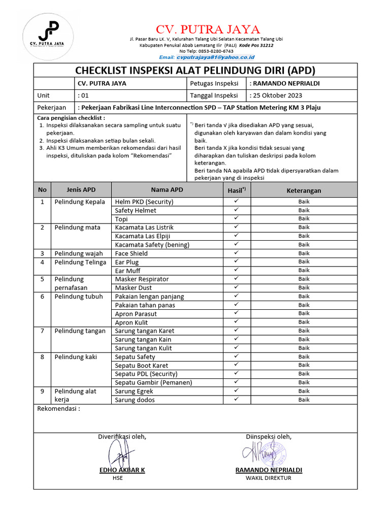 Checklist Inspeksi APD CV. Putra Jaya | PDF