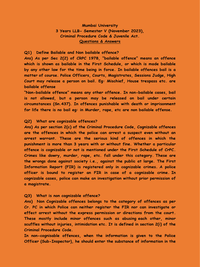 RK Question & Ans CRPC Nov 2023 | PDF | Bail | Plea Bargain