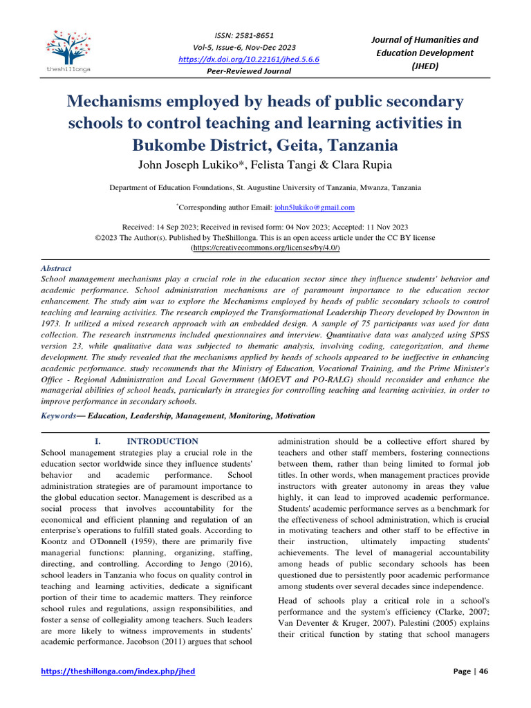 Mechanisms Employed by Heads of Public Secondary Schools To Control ...