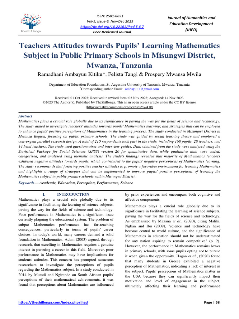 Teachers Attitudes Towards Pupils' Learning Mathematics Subject in ...