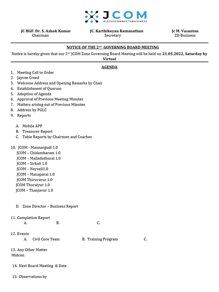 II - JCOM Board Meeting Agenda | PDF