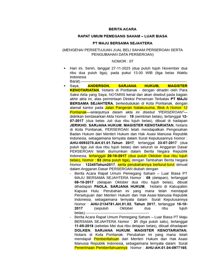 Ba Rups-Lb Persetujuan Jual Beli Saham Dan Perubahan Data Perseroan | PDF