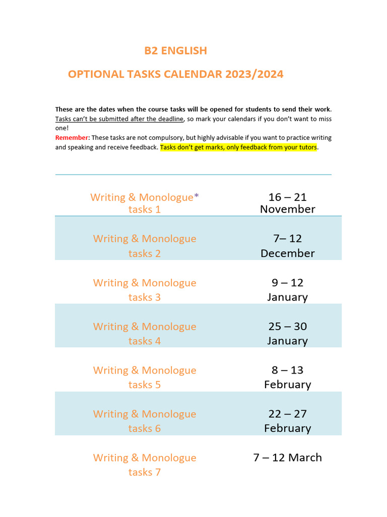 B2 English Tasks Calendar 20232024 | PDF