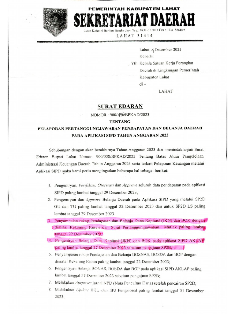 Batas Terahir Penyampaian Laporan Realisasi Dan Entry TBP BOK Dan JKN Tahun 2023 | PDF