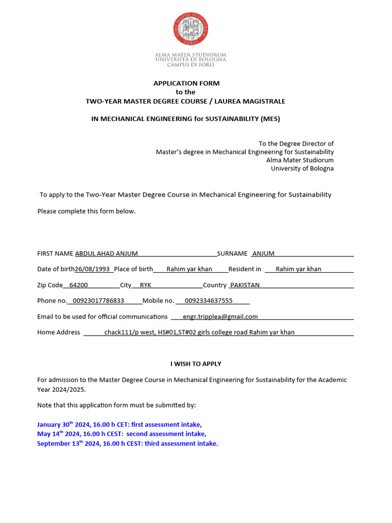 MES Application Form for 2024/2025 | PDF | Academic Degree | Bachelor's ...
