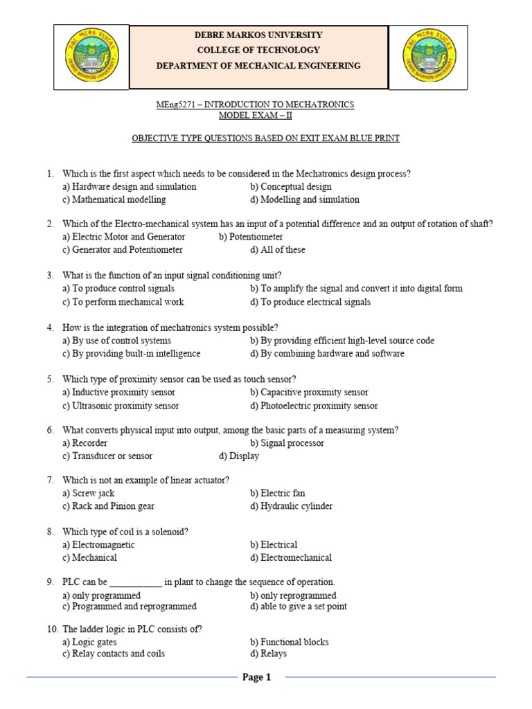 Mechatronics Model Exam - 2 | PDF | Programmable Logic Controller | Mechatronics