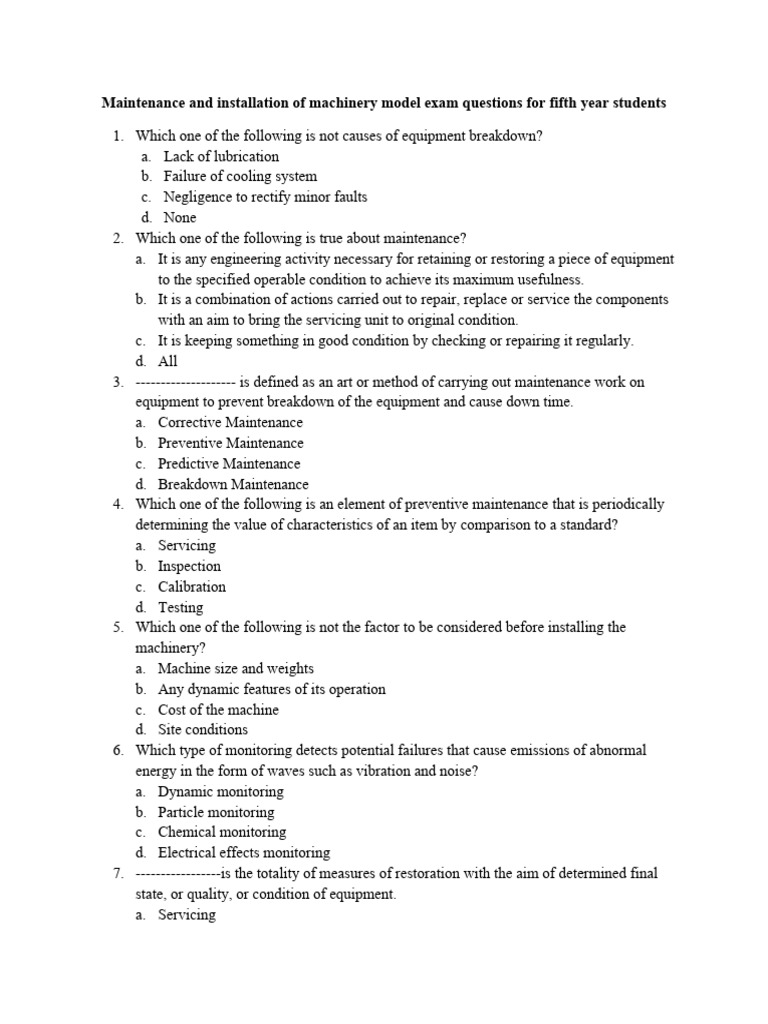 Machinery Maintenance Exam Questions | PDF | Reliability Engineering ...