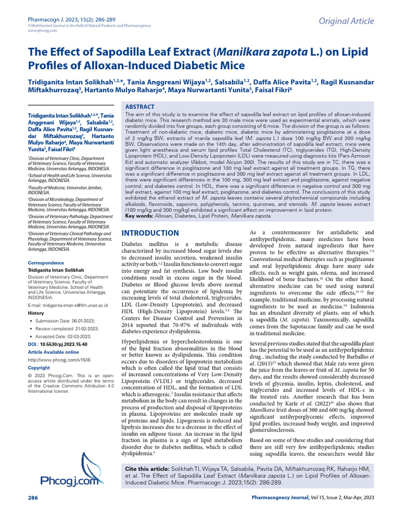 The Effect Sapodilla Leaf Extract (Manilkara Zapota) On Lipid Profile ...