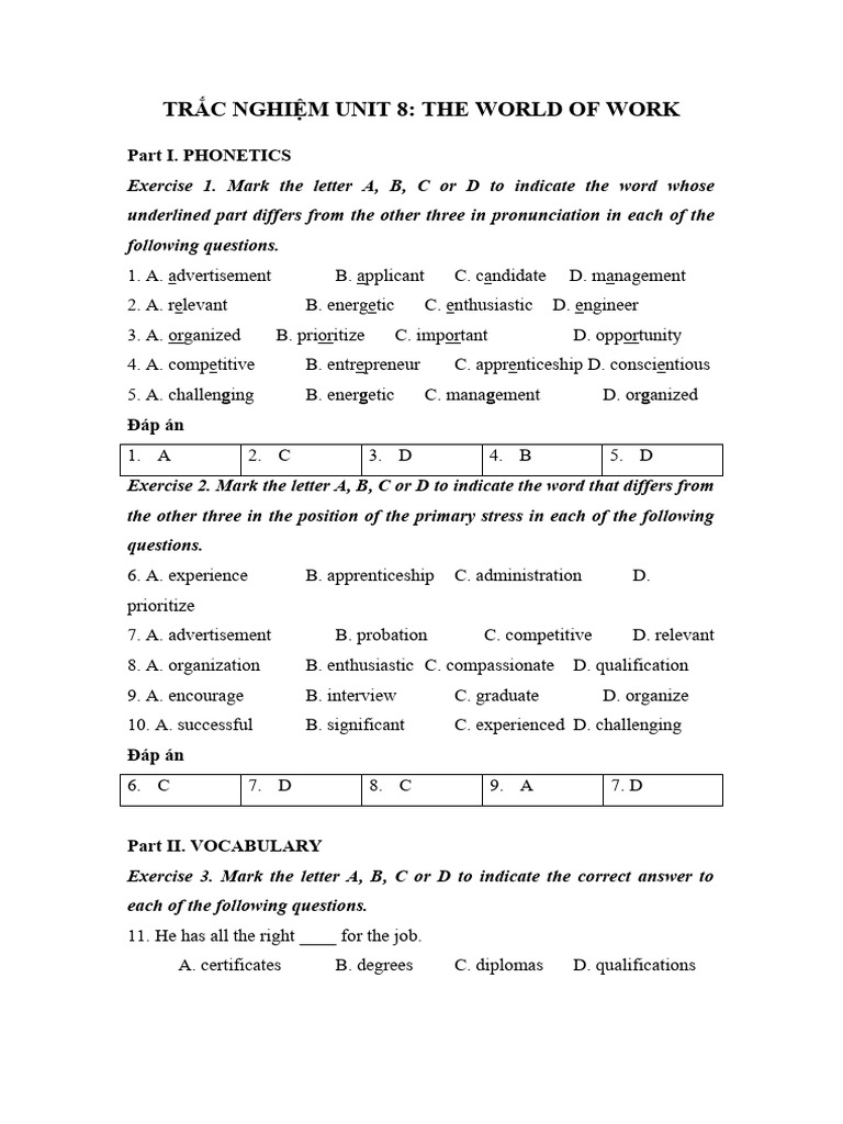 Trac Nghiem Tieng Anh 12 Unit 8 | PDF | Employment | Layoff