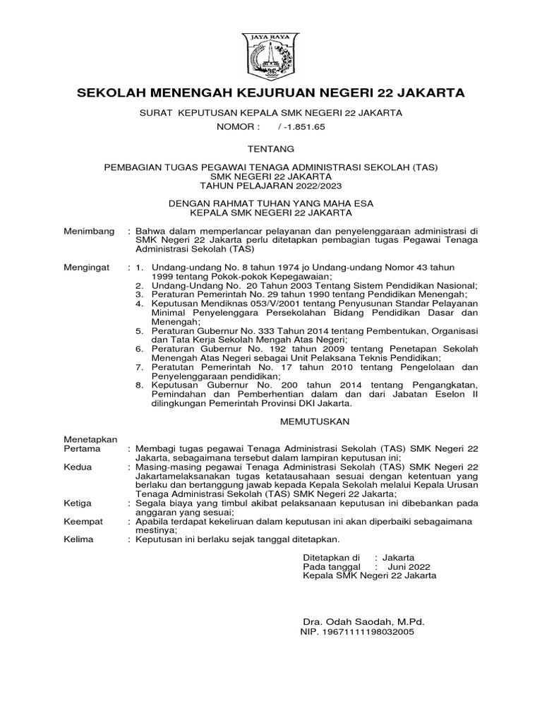 SK Pembagian Tugas Tata Usaha 2022 2023 | PDF