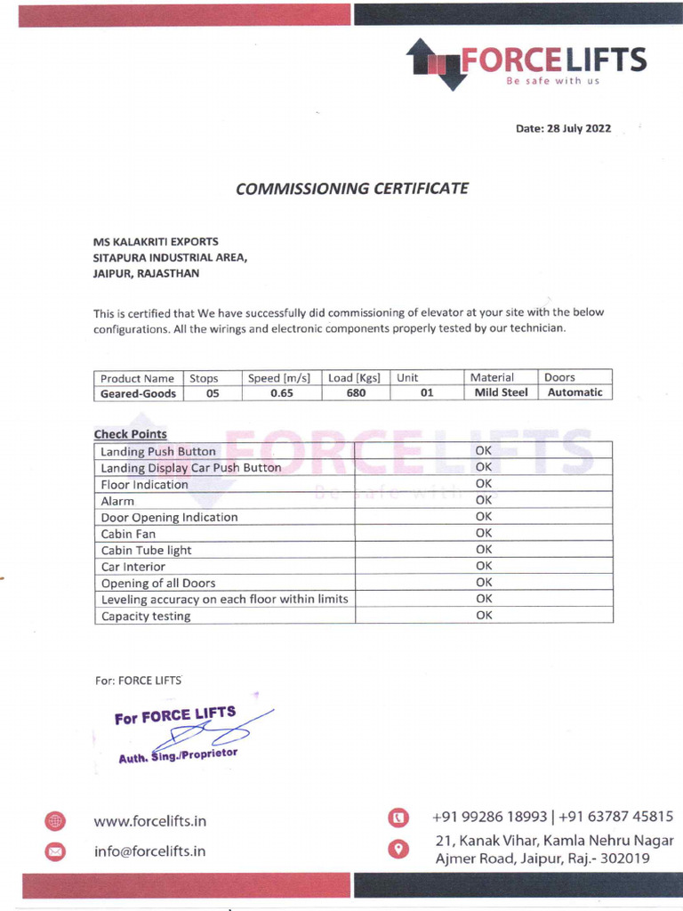 Commissioning Certificate | PDF