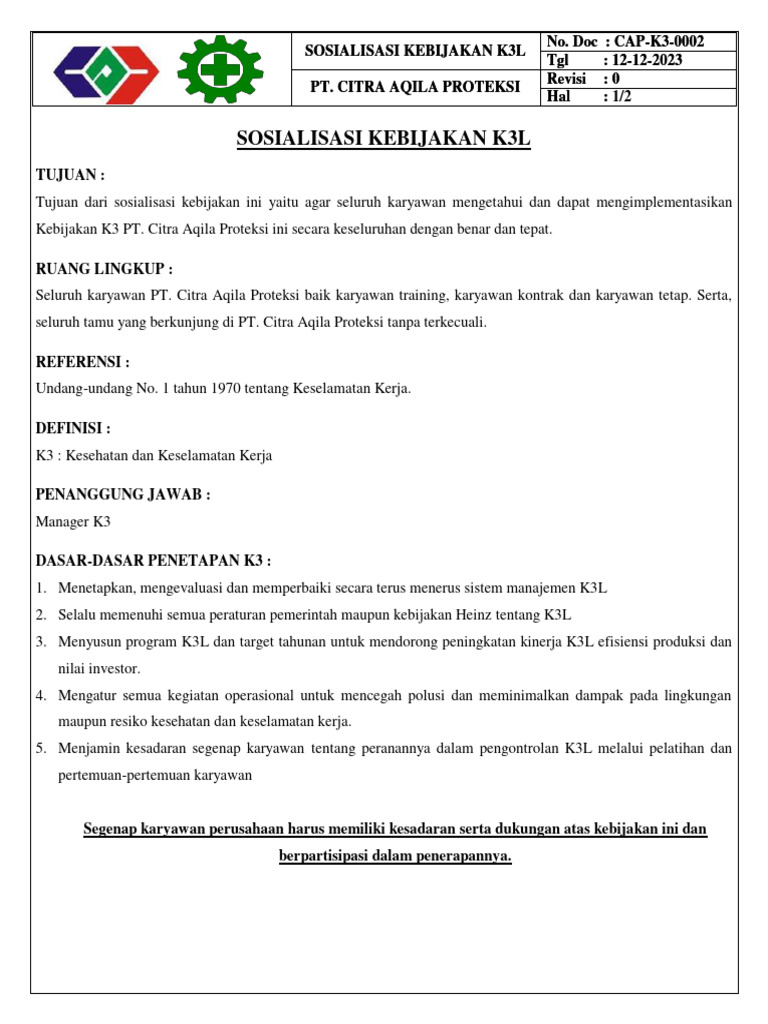 1b. Sosialisasi Kebijakan K3 | PDF