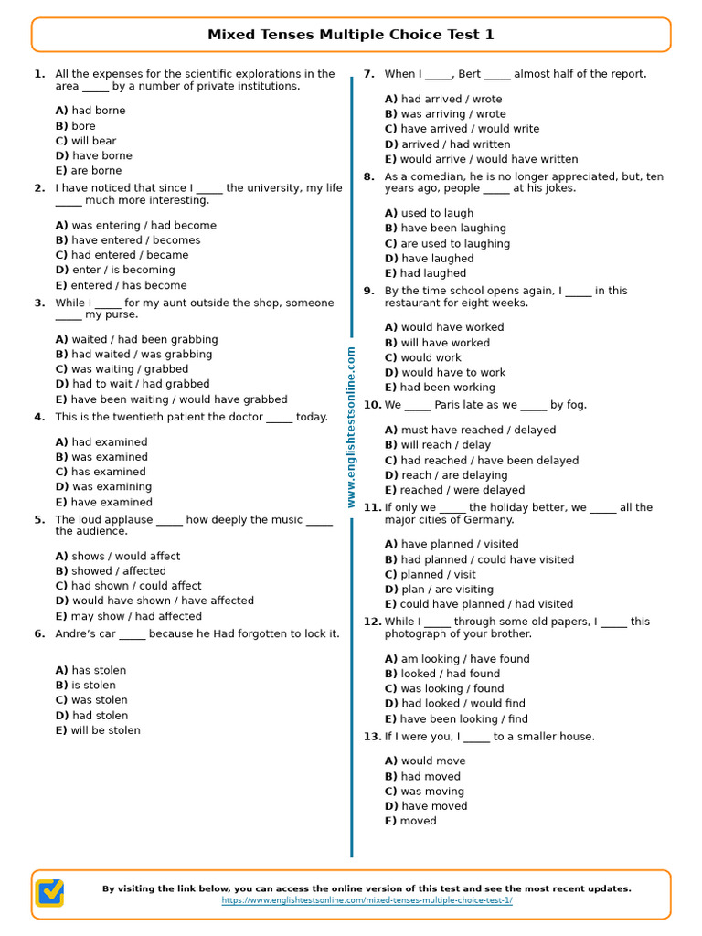 Mixed Tenses Multiple Choice Test | PDF