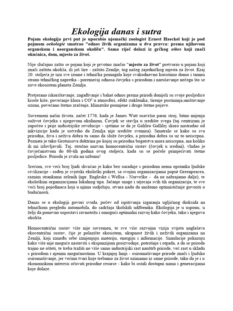 Ekologija Danas I Sutra | PDF