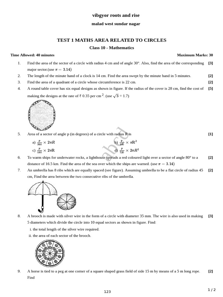 Test 1 Maths Area Related Tocircles | PDF | Area | Circle