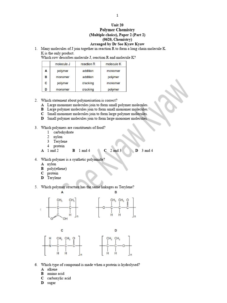 Unit 20, Polymer Chemistry (Multiple Choice) | PDF | Polymers ...