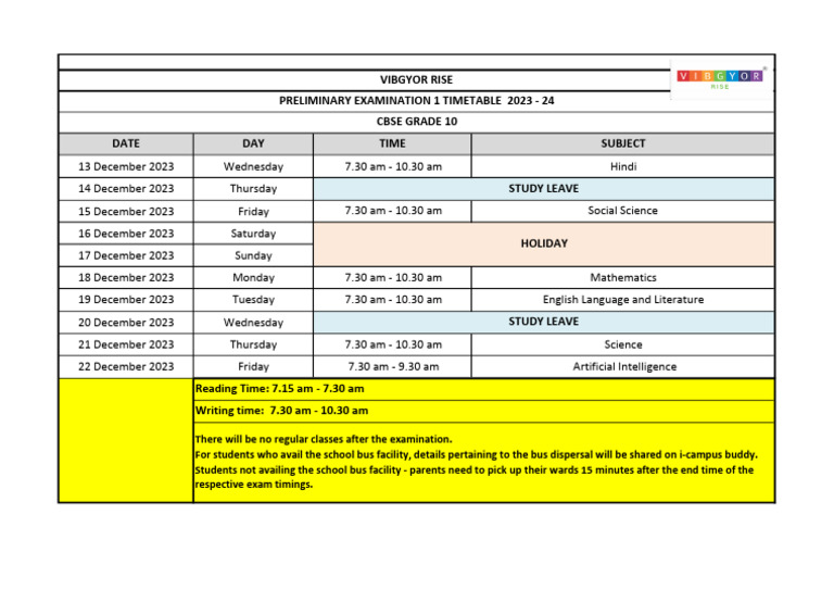 CBSE Grade 10 Exam Timetable 2023 | PDF