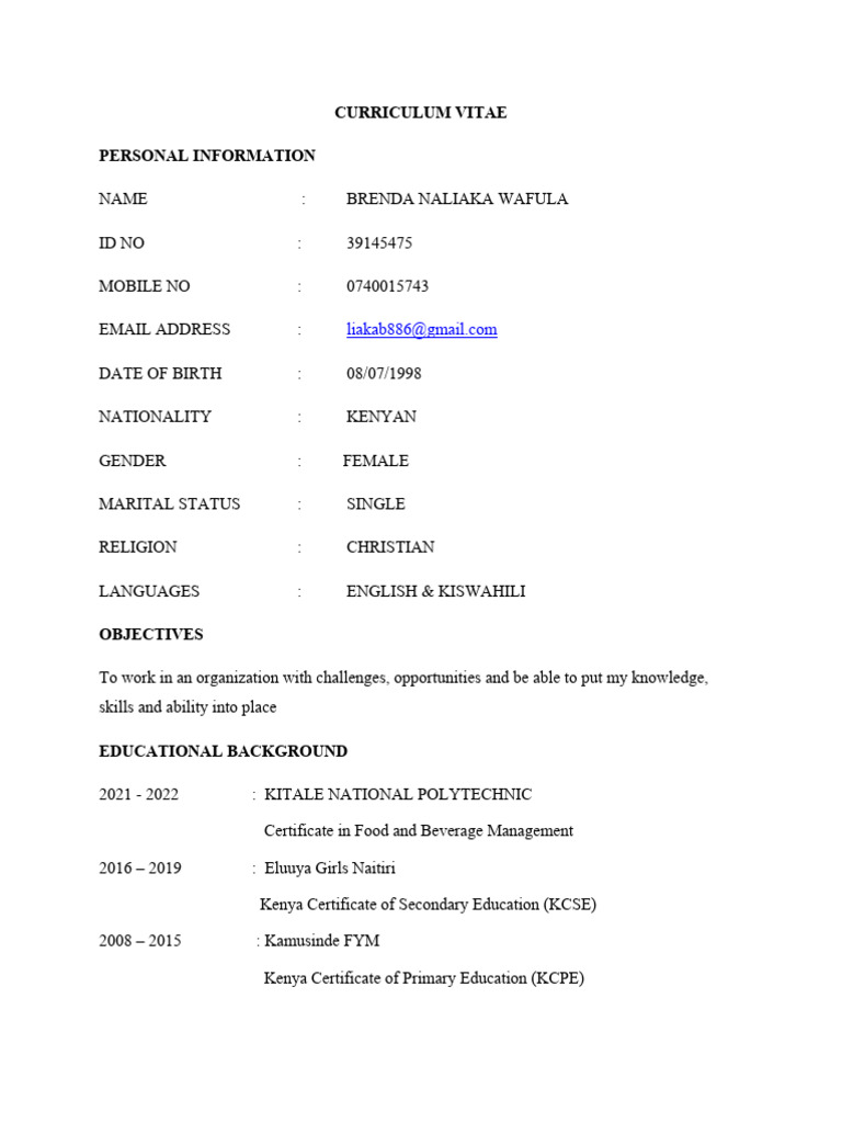 Brenda Wafula CV - Food Management Expert | PDF