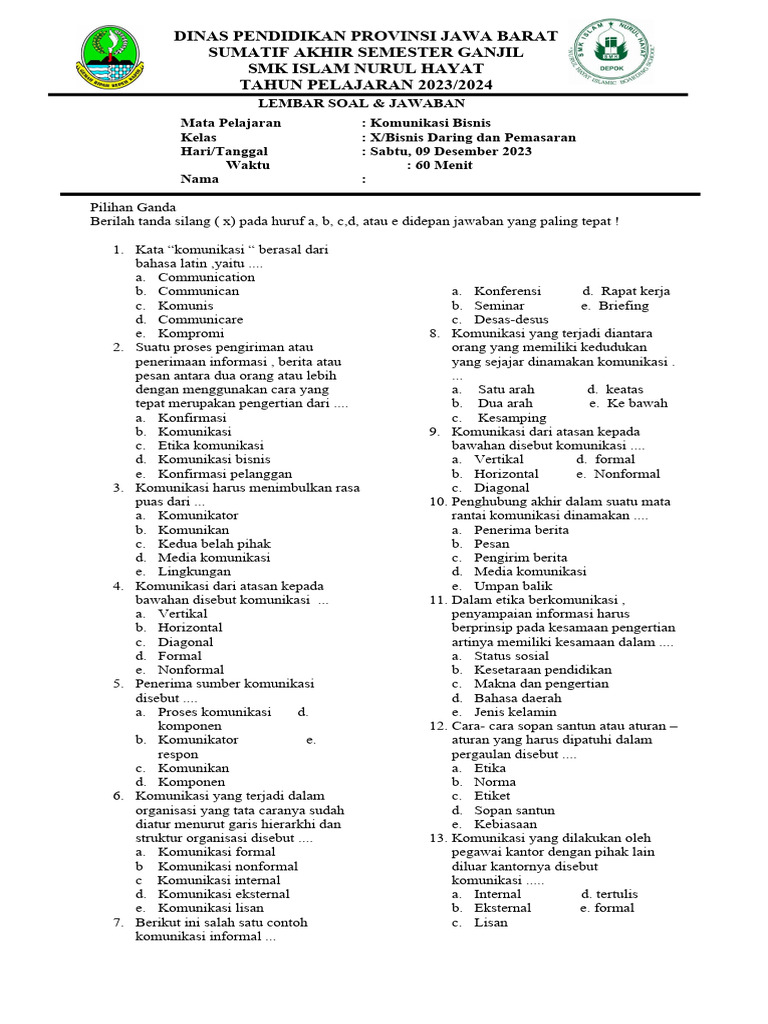 Soal Ujian Komunikasi Bisnis SMK 2023 | PDF