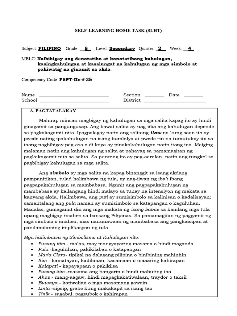 SLHT 4 Filipino 8 Q2 Descatiar | PDF