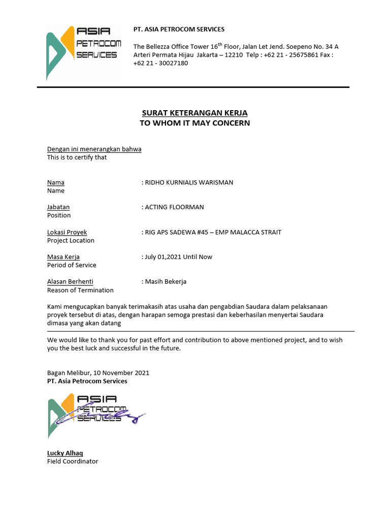 Surat Keterangan Acting Floorman Ridho Kurnialis W | PDF