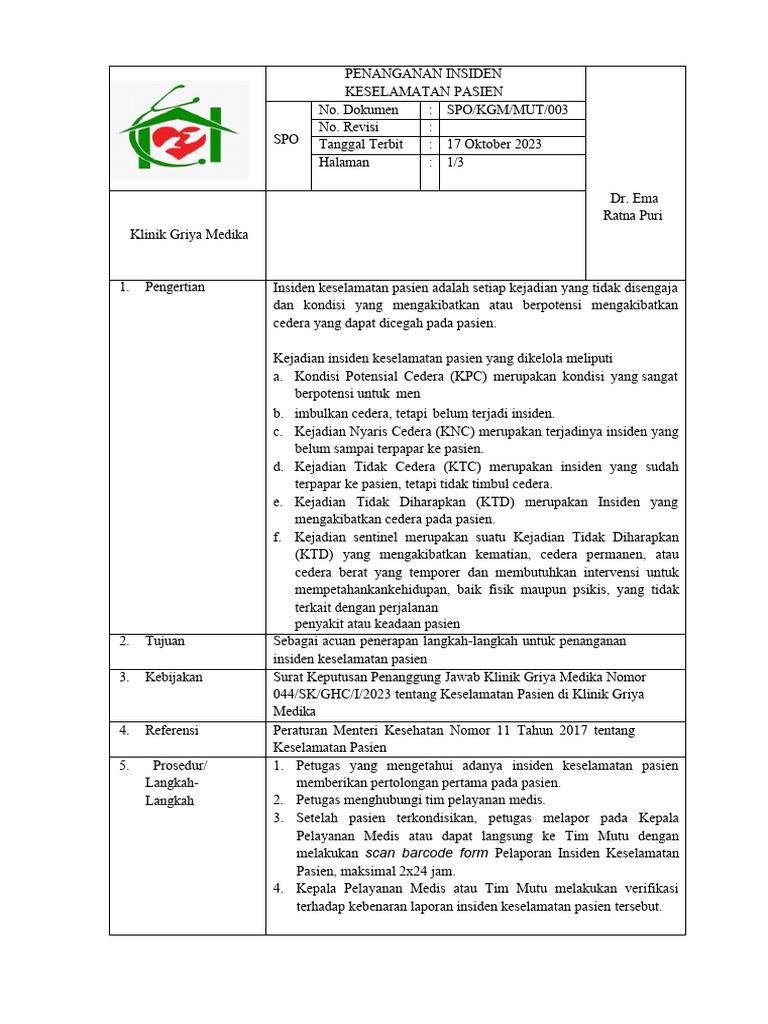 2.1.3 SPO Penanganan Insiden Keselamatan Pasien | PDF