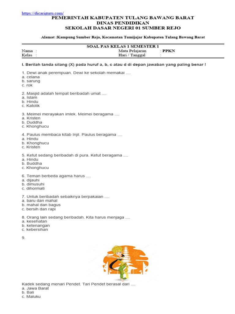 Soal PKN Kelas 1 SD | PDF