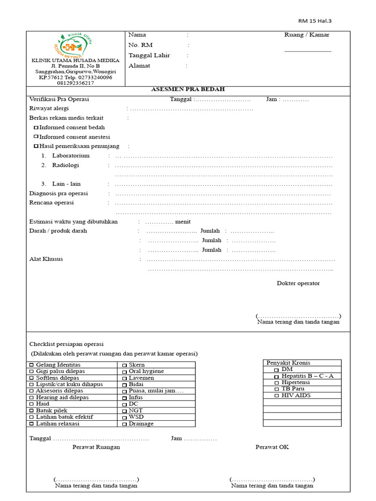 Lembar RM 15 Hal 3 Asesmen Pra Bedah | PDF