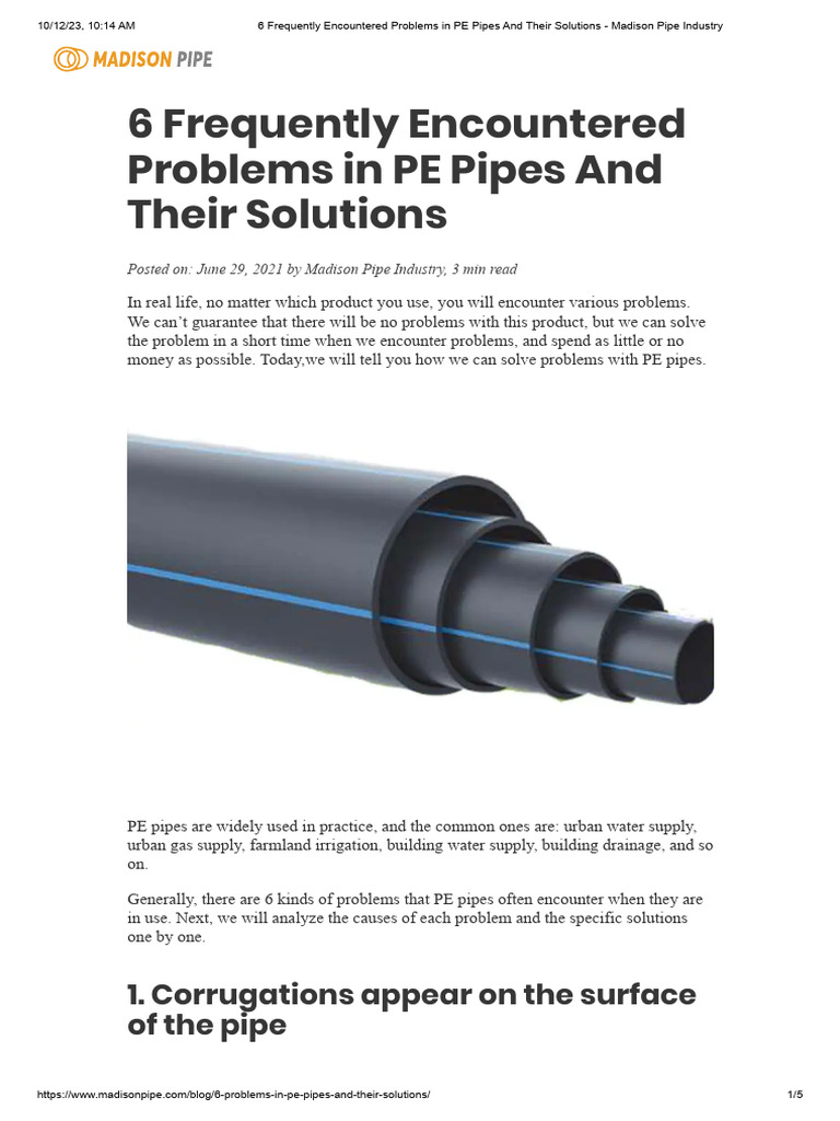6 Frequently Encountered Problems in PE Pipes and Their Solutions - Madison Pipe Industry | PDF