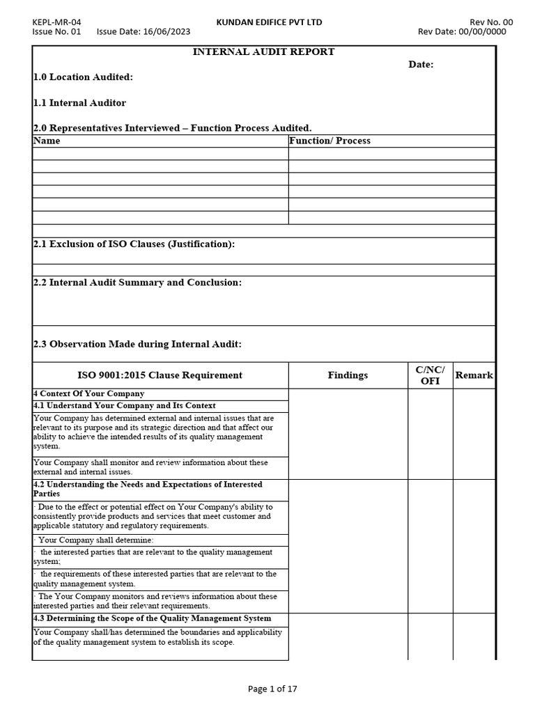 Internal Audit Report for KEPL 2023 | PDF | Quality Management ...