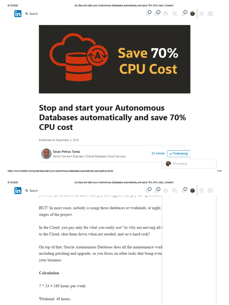 Stop and Start Your Autonomous Databases Automatically and Save 70% CPU Cost - LinkedIn | PDF
