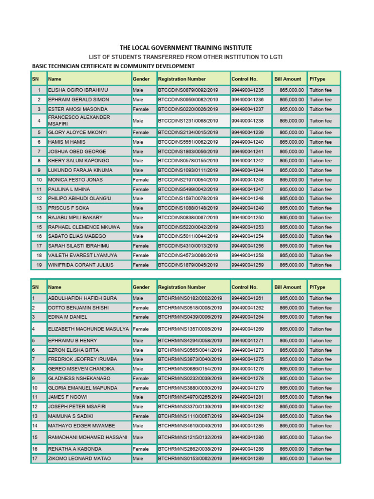 Control Numbers For Students Who Have Transfered From Other Institution ...