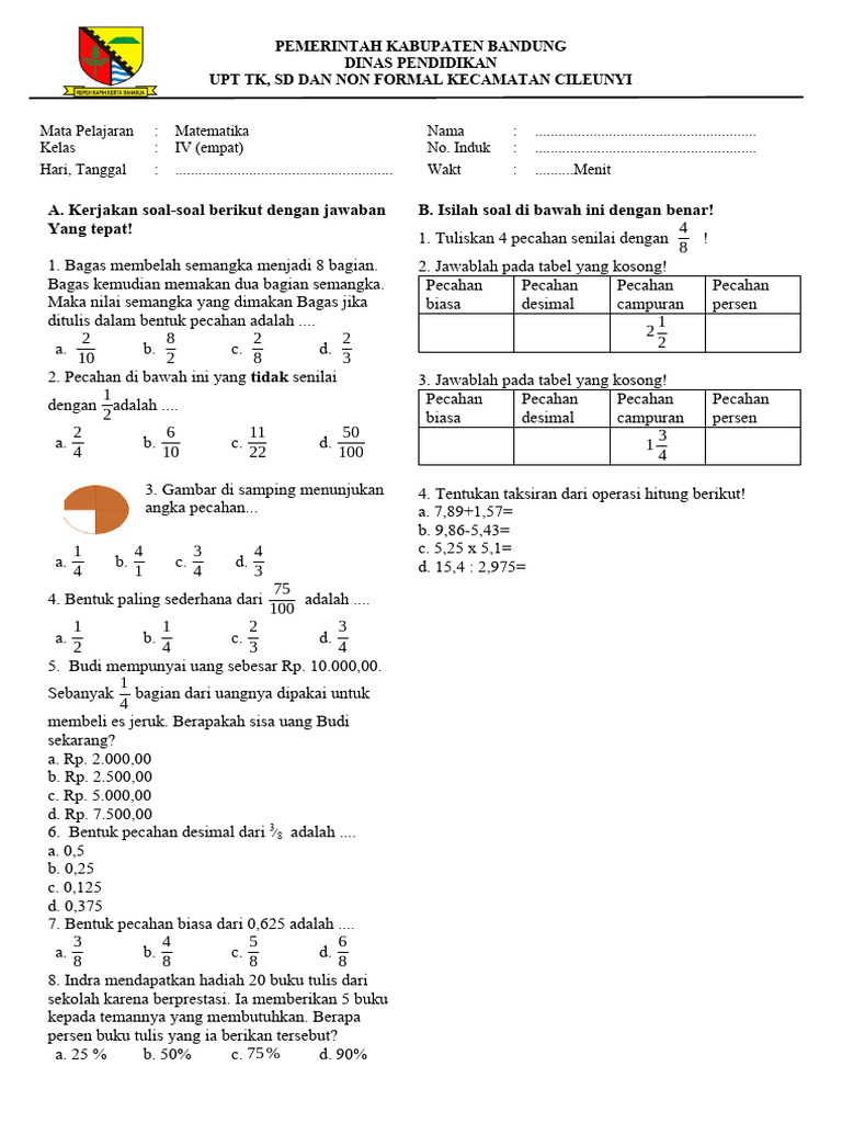 ULANGAN HARIAN MATEMATIKA PECAHAN DAN PEMBULATAN | PDF