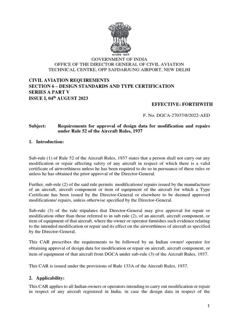 DGCA Notified Regarding The Requirements For Approval of Design Data ...