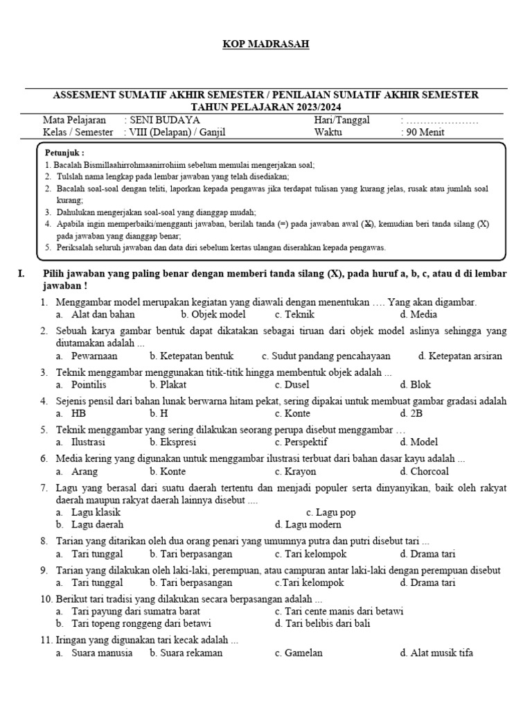 Ujian Seni Budaya Kelas VIII | PDF