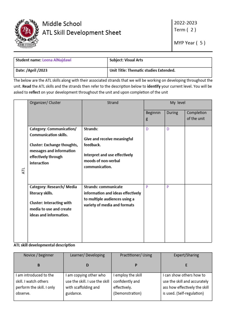 ATL Skills Develpoment Sheet | PDF | Communication | Intelligence