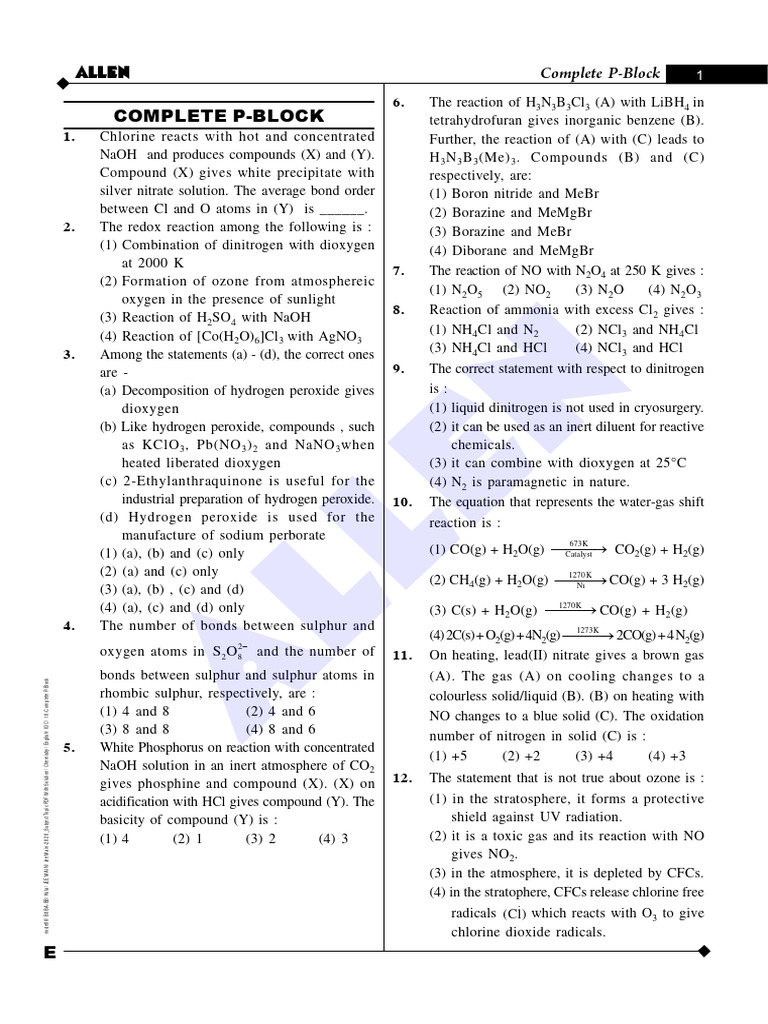 Complete P Block | PDF | Chlorine | Chemical Reactions