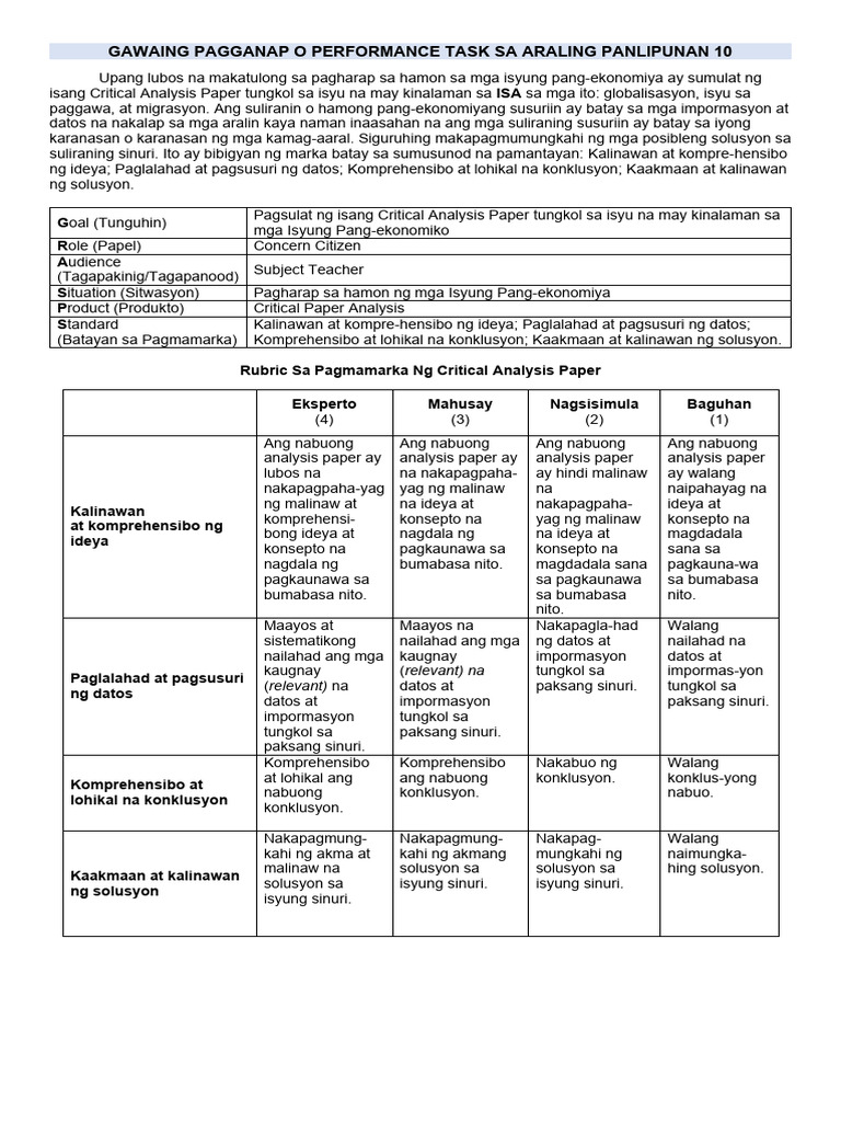 Gawaing Pagganap o Performance Task Sa Araling Panlipunan 10 | PDF