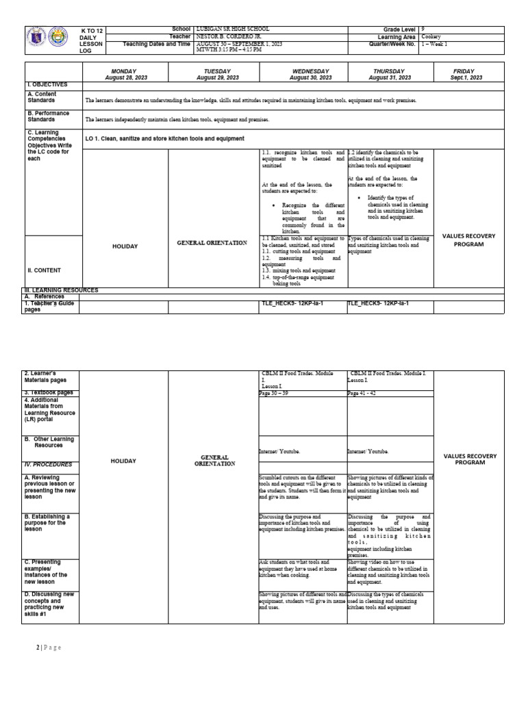 Cookery 9 Week 1 | PDF | Learning | Teaching