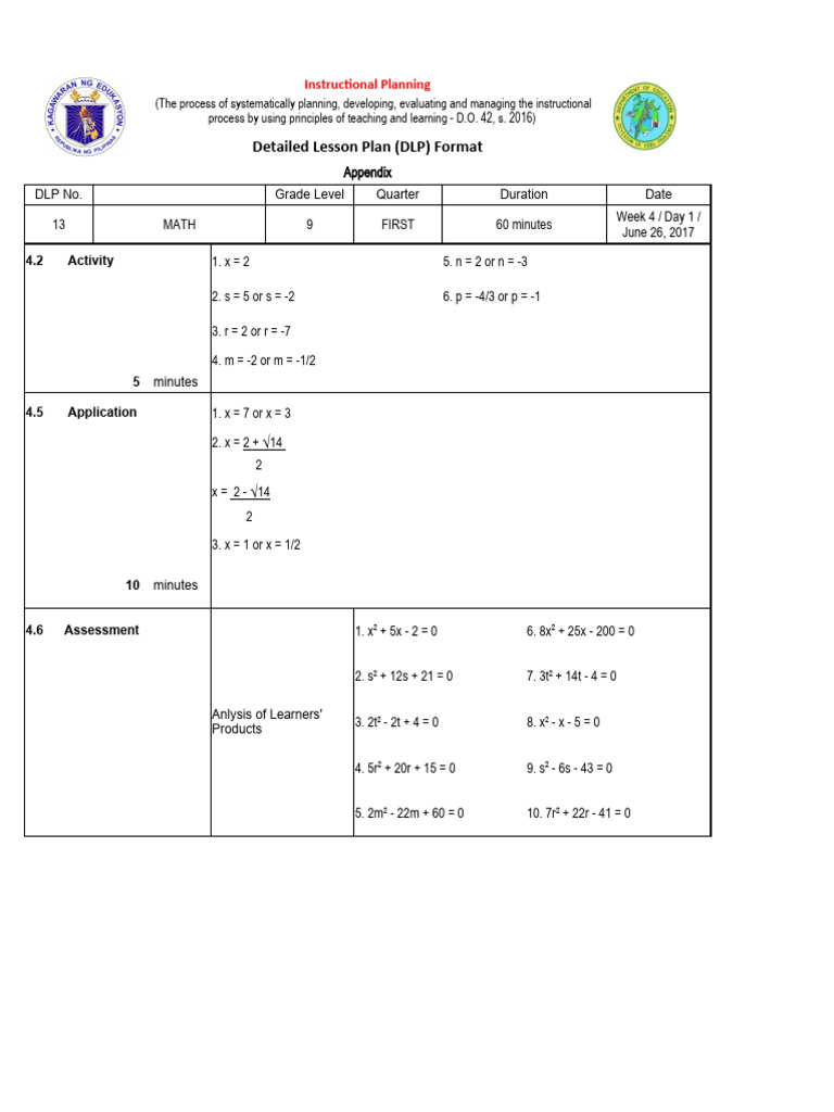 DLP 14 M9al - Ic - D - 1 | Download Free PDF | Equations | Quadratic Equation