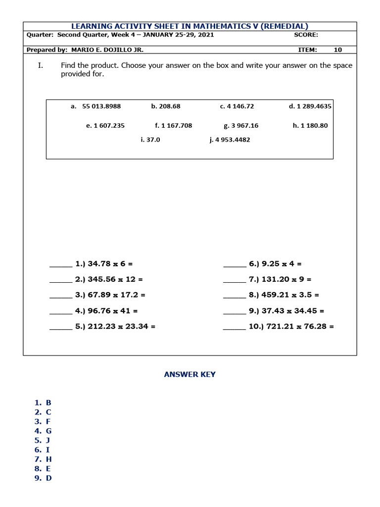 Math V Remedial Activity Sheet | PDF