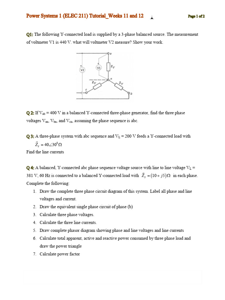 Tutorial_Weeks 11 and 12 Power systems | PDF | Quantity | Electrical Engineering