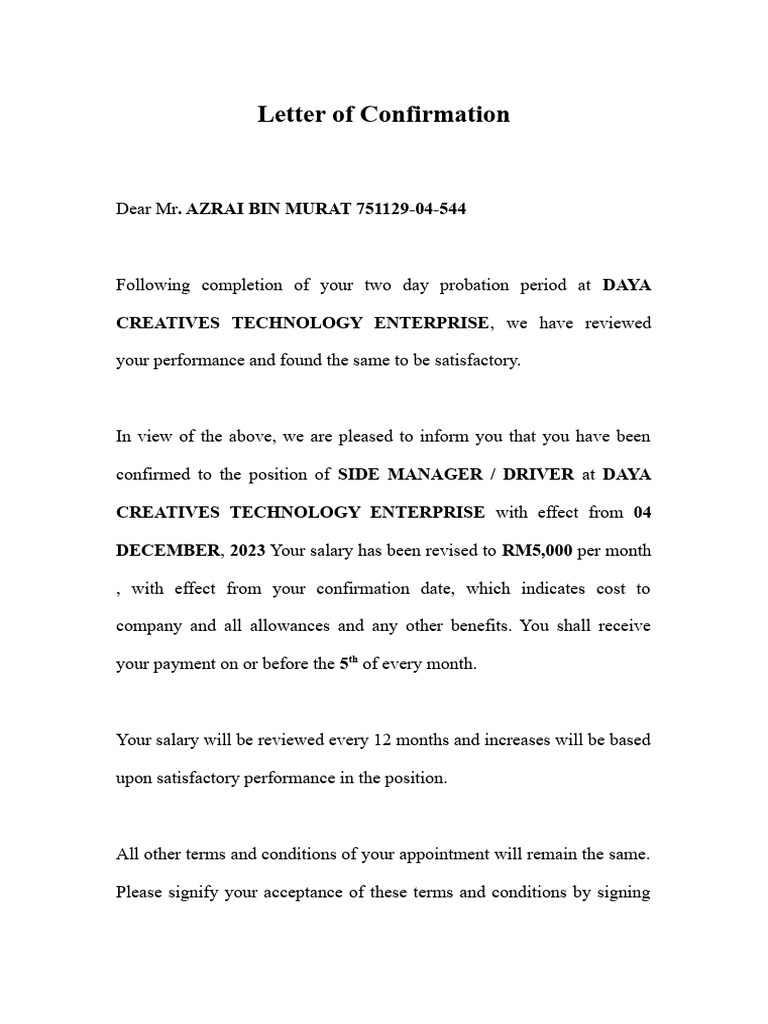 Confirmation of Employment for Azrai Bin Murat | PDF | Career & Growth ...