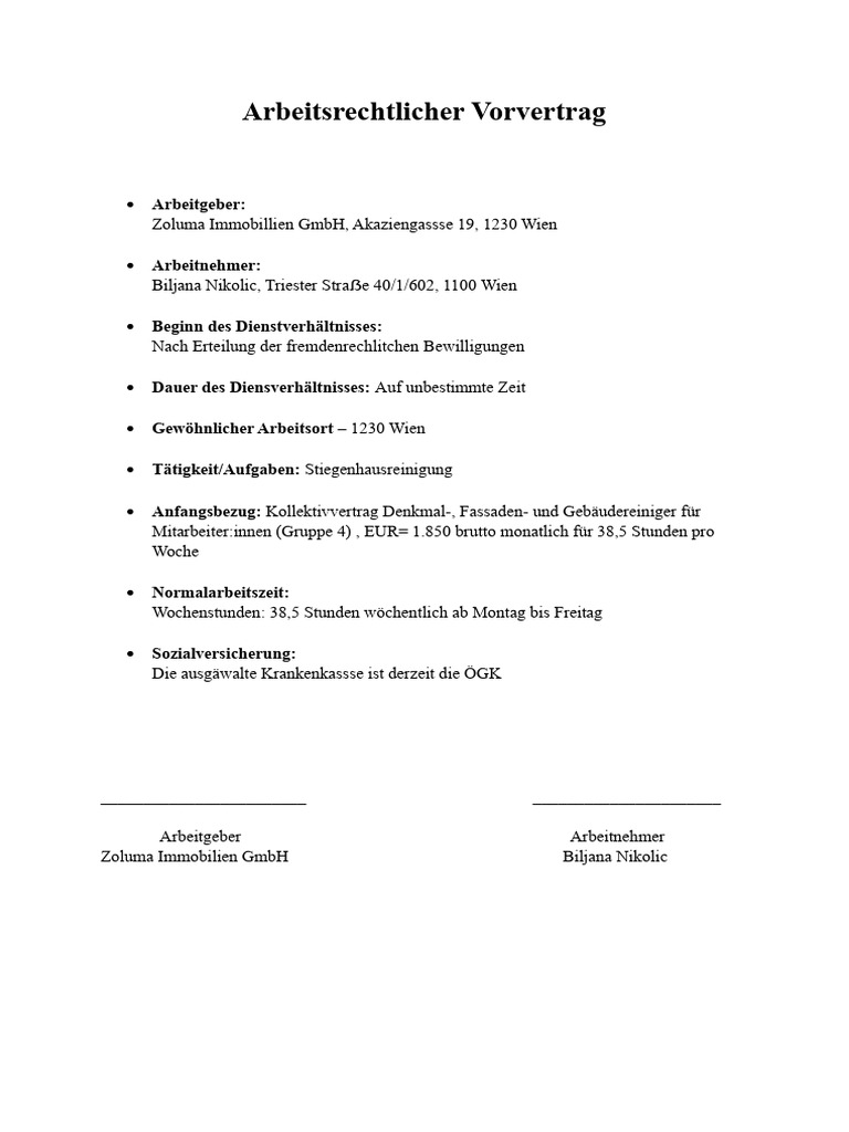 Arbeitsrechtlicher Vorvertrag Biljana Nikolic | PDF