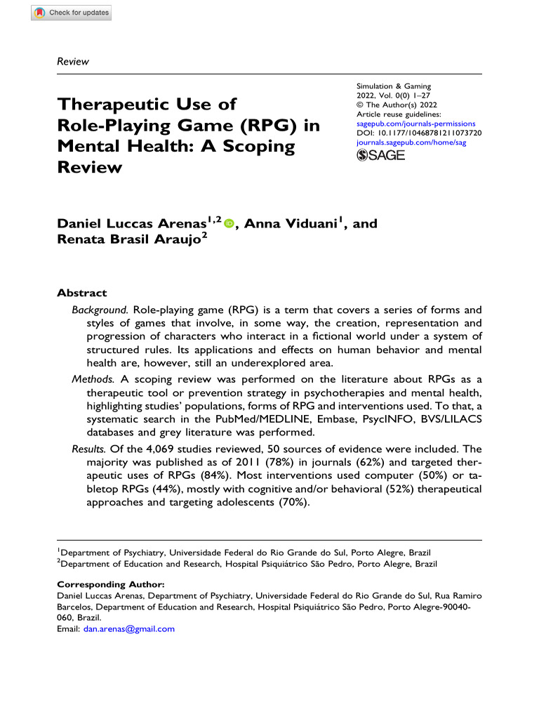 Arenas Et Al - Therapeutic Use RPG Mental Health | PDF | Role Playing ...