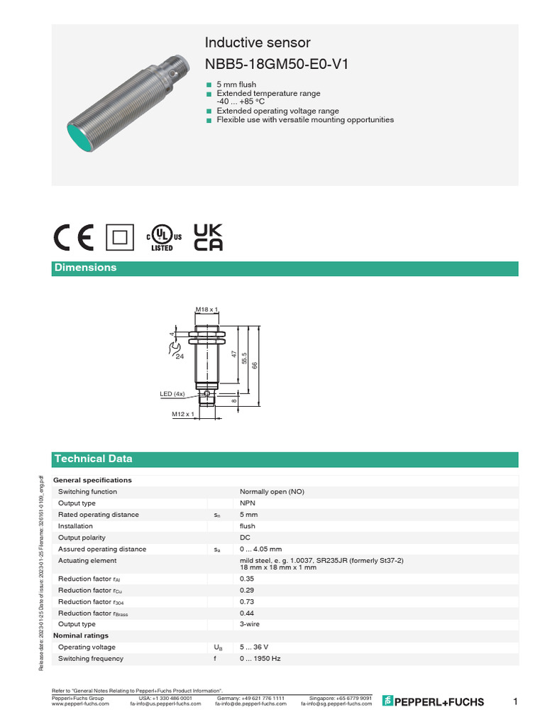 Inductive Sensor Nbb5 18gm50 E0 V1 Dimensions Pdf Measuring Instrument