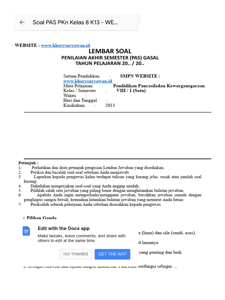 Soal PAS PKN Kelas 8 K13 - WEBSITE WWW - Kherysuryawan.id | PDF