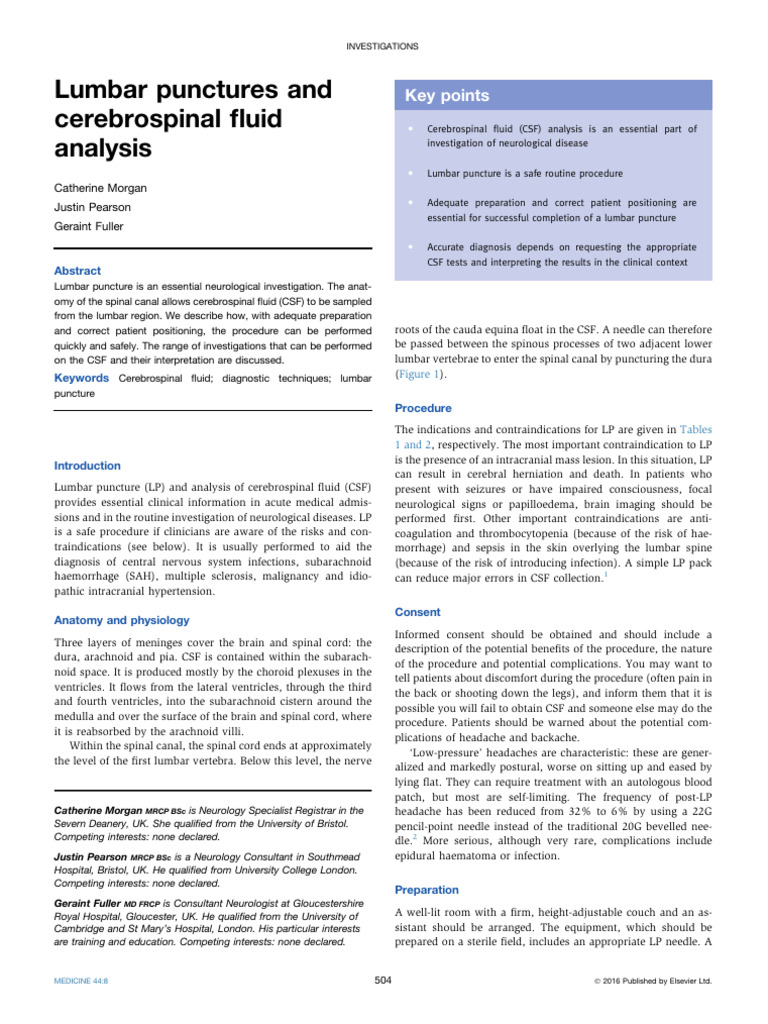 Lumbar Punctures and Cerebrospinal Fluid Analysis - 2016 - Medicine | PDF | Cerebrospinal Fluid ...