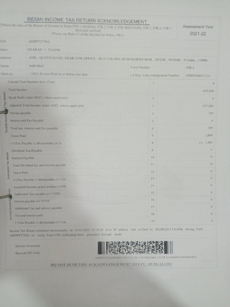 Sharad J Taank ITR 2021-2022 | PDF | Income | Government
