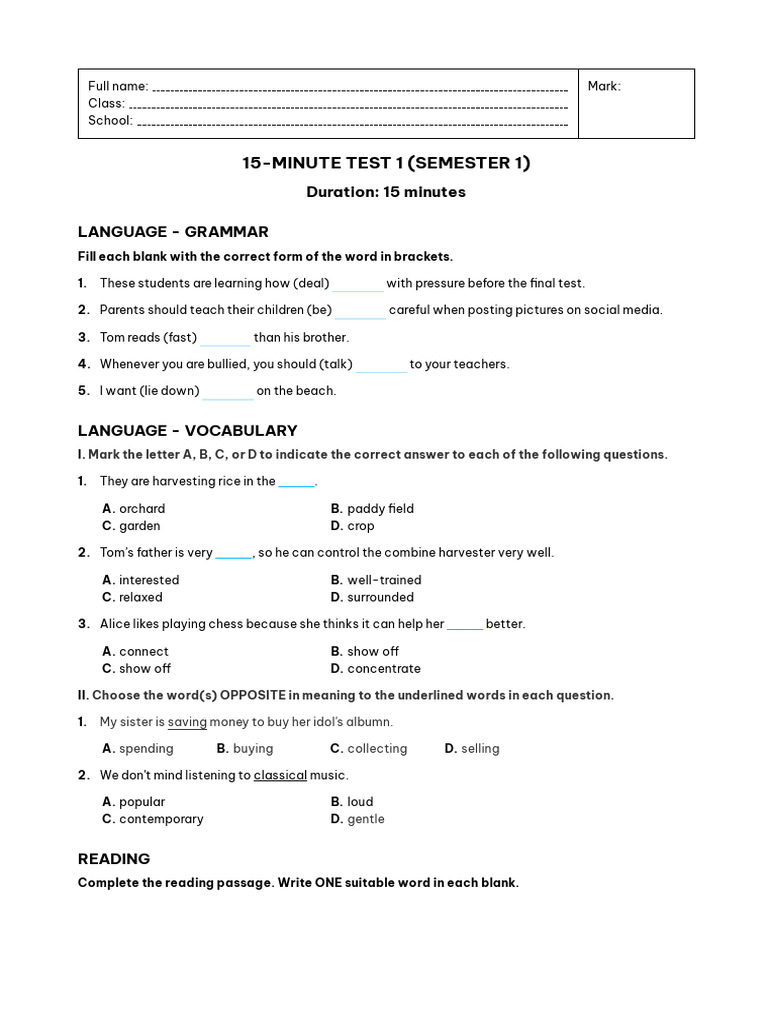 15-Minute Test 1 (Semester 1) | PDF | Cognitive Science | Human ...
